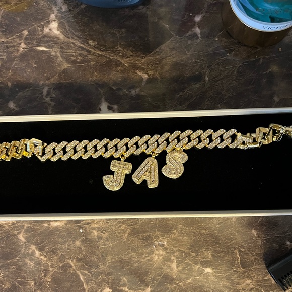 Jewelry | Gold With Rihnstones And Bubble Jas Letters Anklet | Poshmark